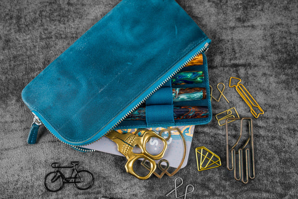 Ocean Blue Leather Zippered Pen Pouch for 4 Pens | Galen Leather