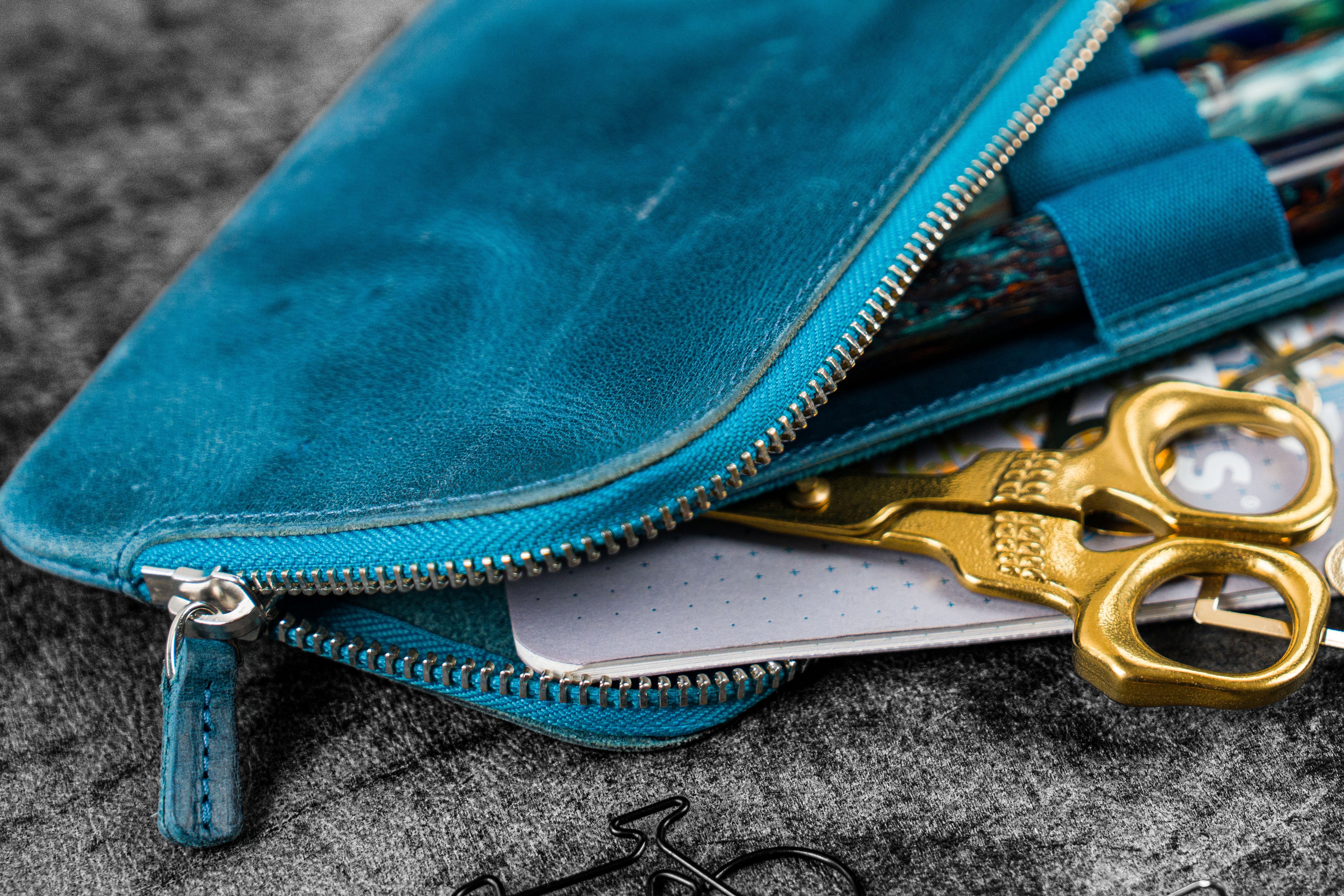 Ocean Blue Leather Zippered Pen Pouch for 4 Pens | Galen Leather
