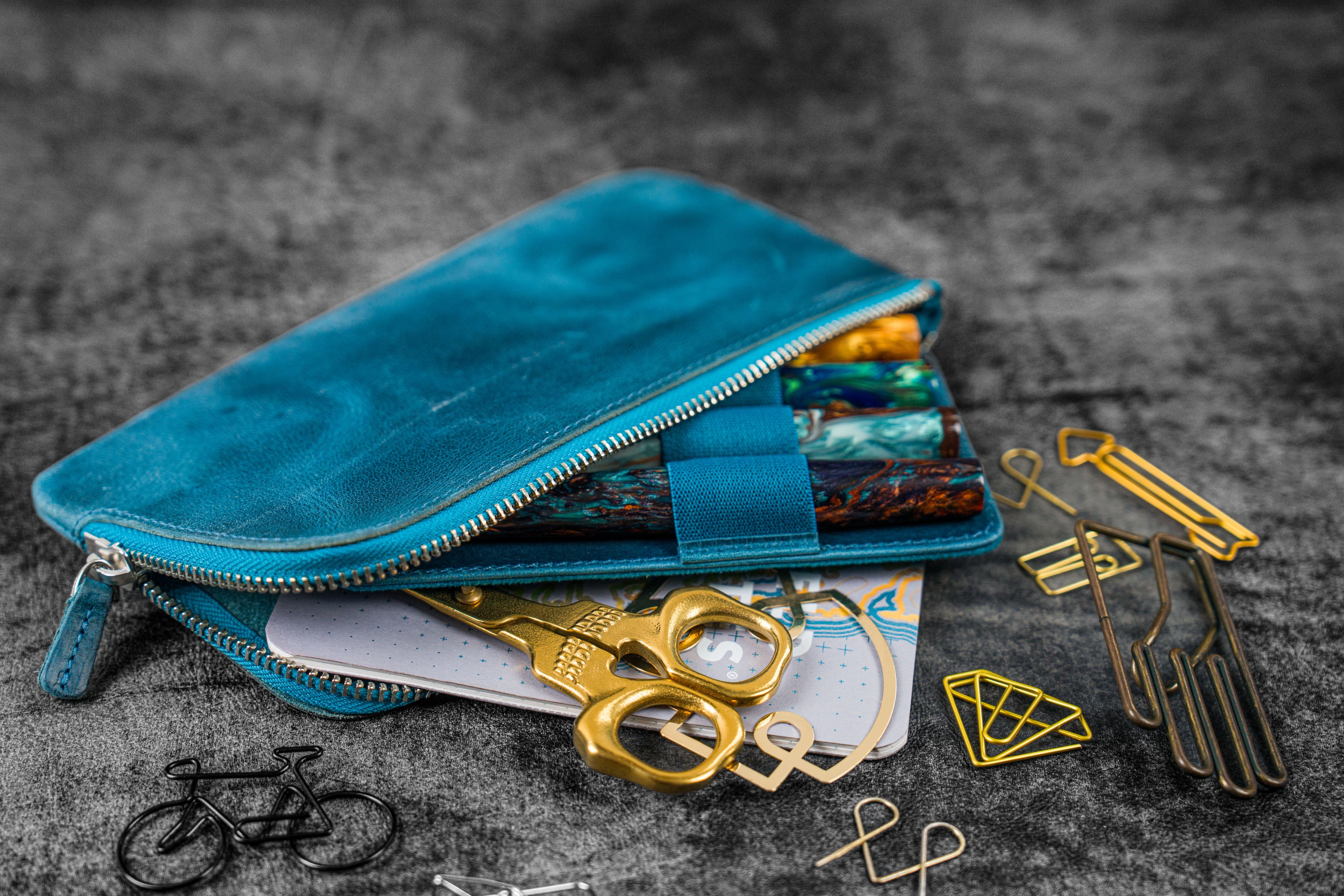 Ocean Blue Leather Zippered Pen Pouch for 4 Pens | Galen Leather