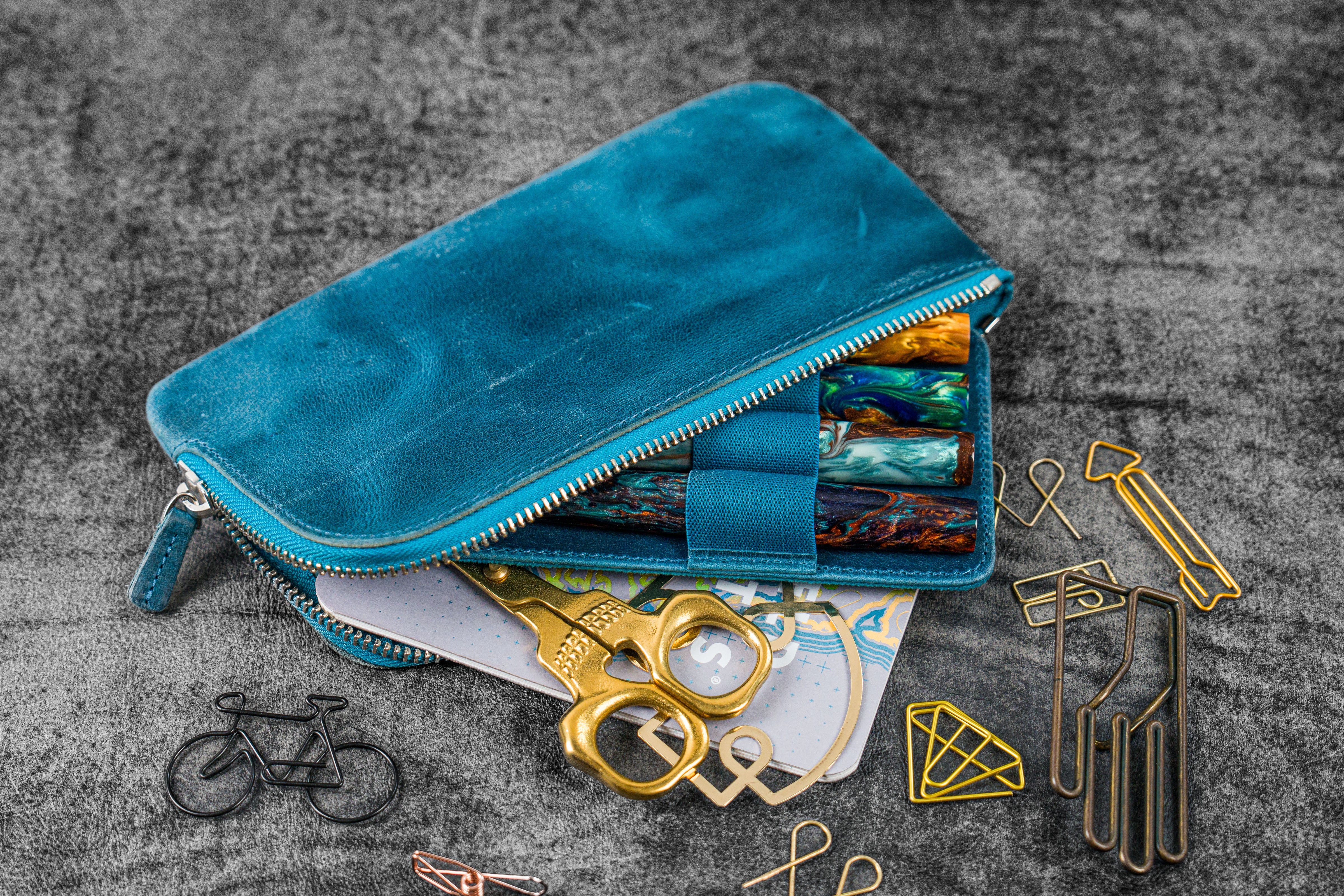 Ocean Blue Leather Zippered Pen Pouch for 4 Pens | Galen Leather