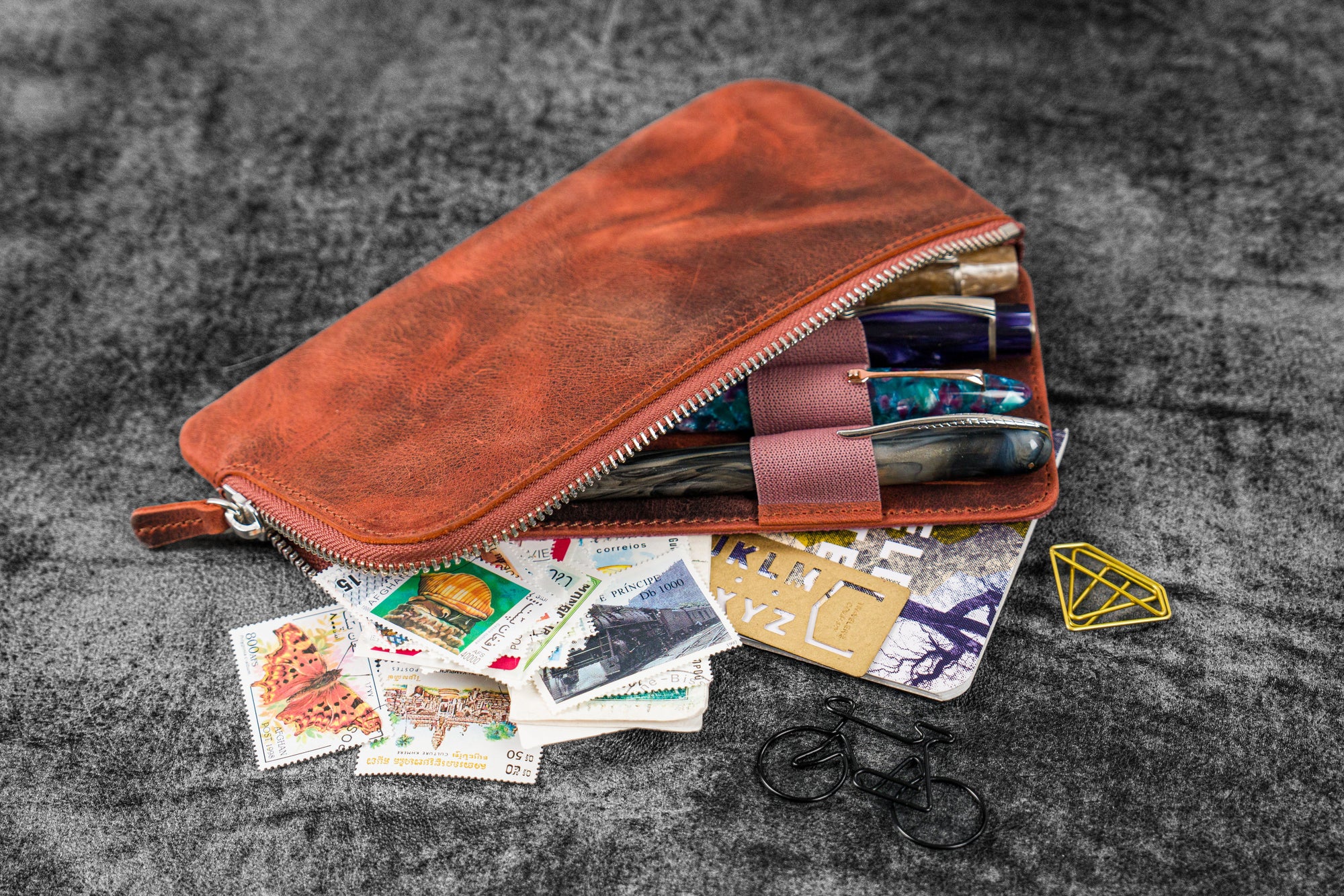 Leather Slip-N-Zip 4 Slots Zippered Pen Pouch - C.H. Orange - Galen Leather
