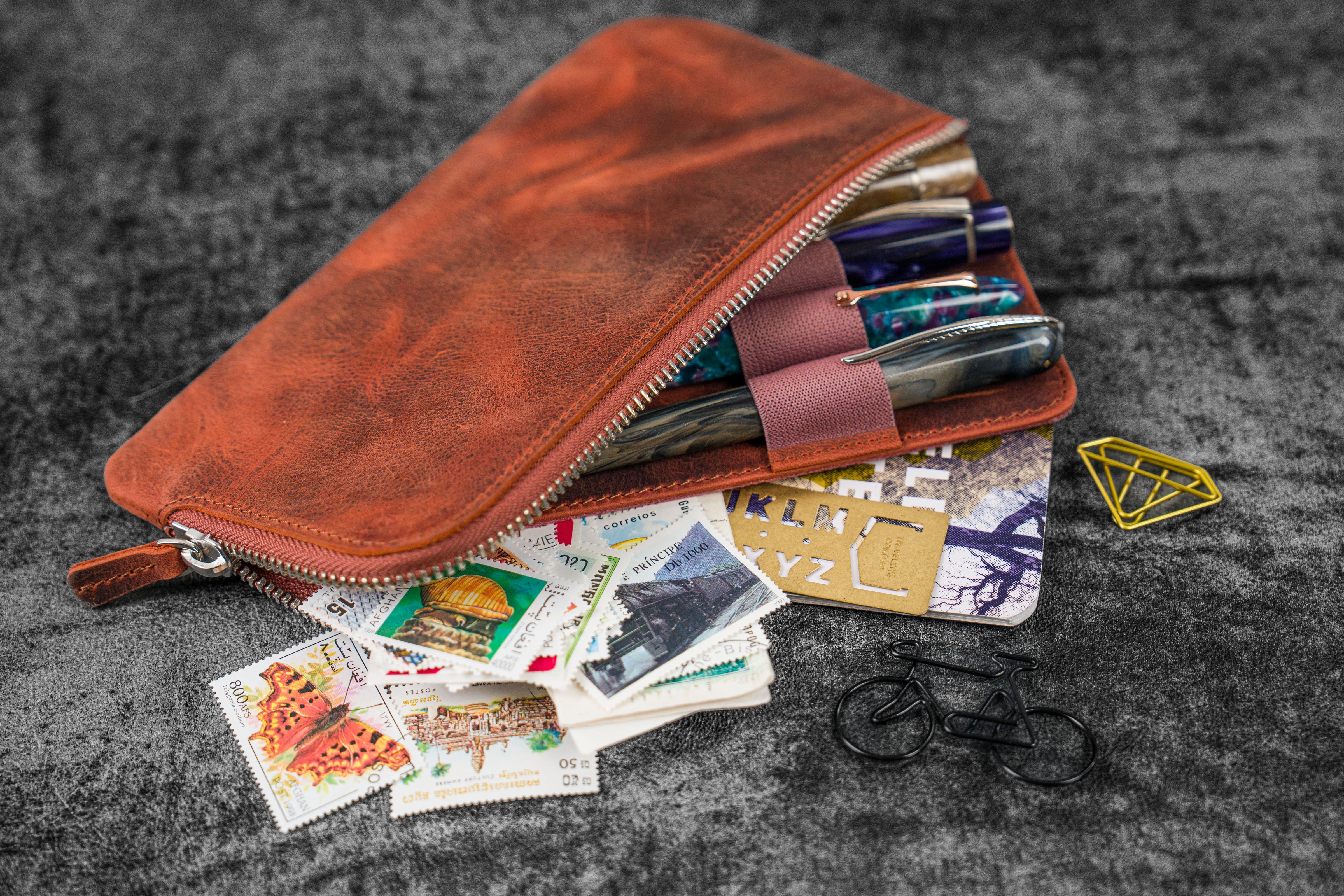 Leather Slip-N-Zip 4 Slots Zippered Pen Pouch - C.H. Orange - Galen Leather