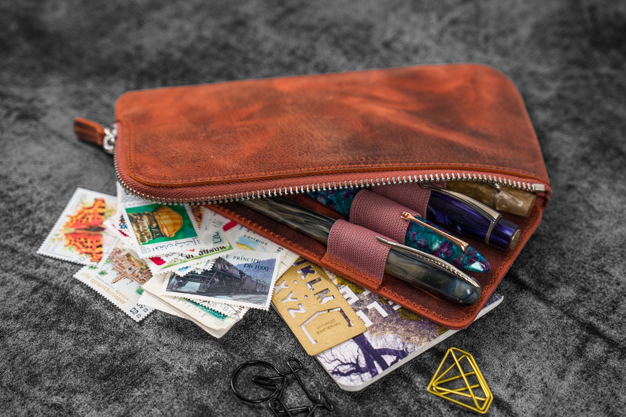 Leather Slip-N-Zip 4 Slots Zippered Pen Pouch - C.H. Orange - Galen Leather