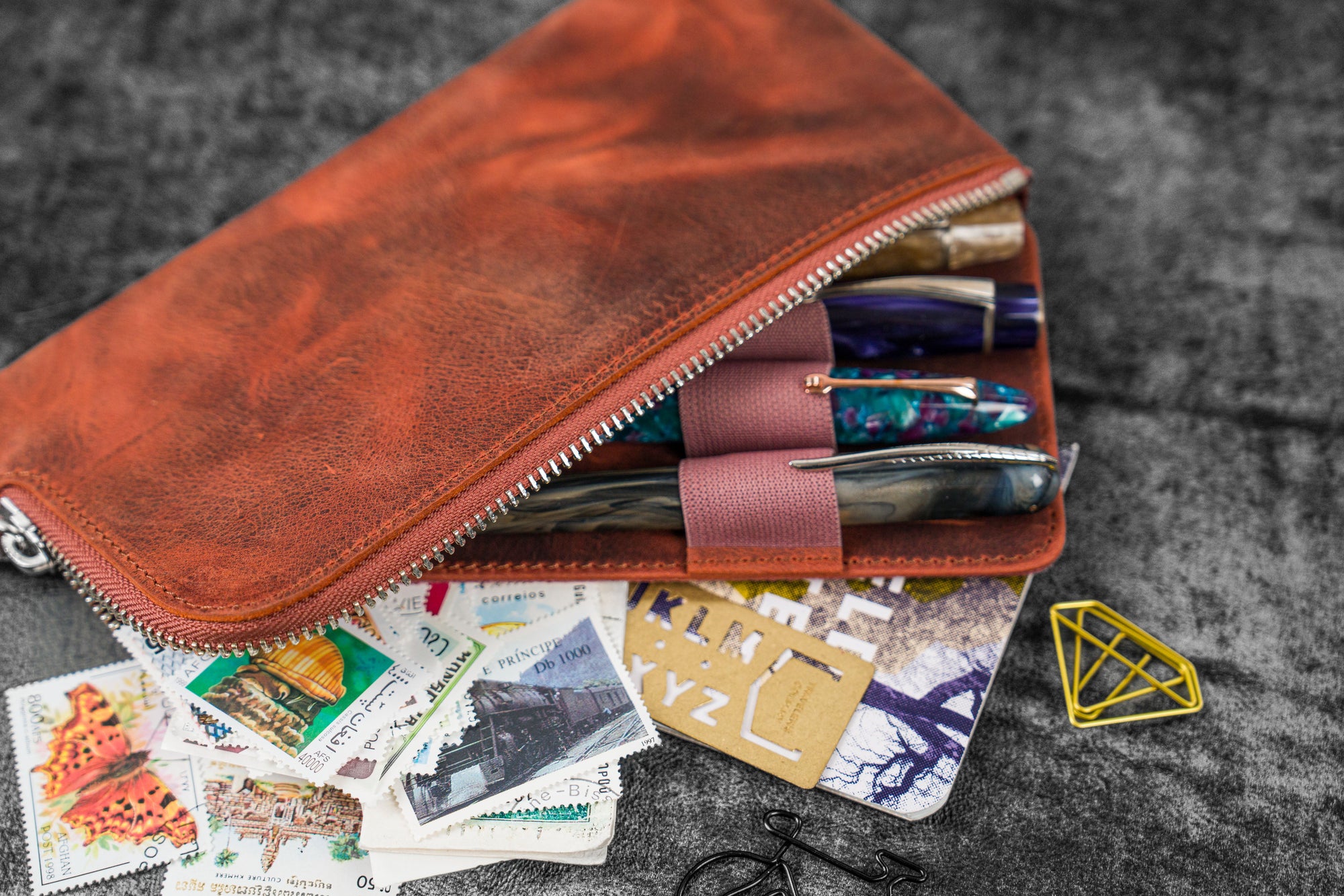 Leather Slip-N-Zip 4 Slots Zippered Pen Pouch - C.H. Orange - Galen Leather