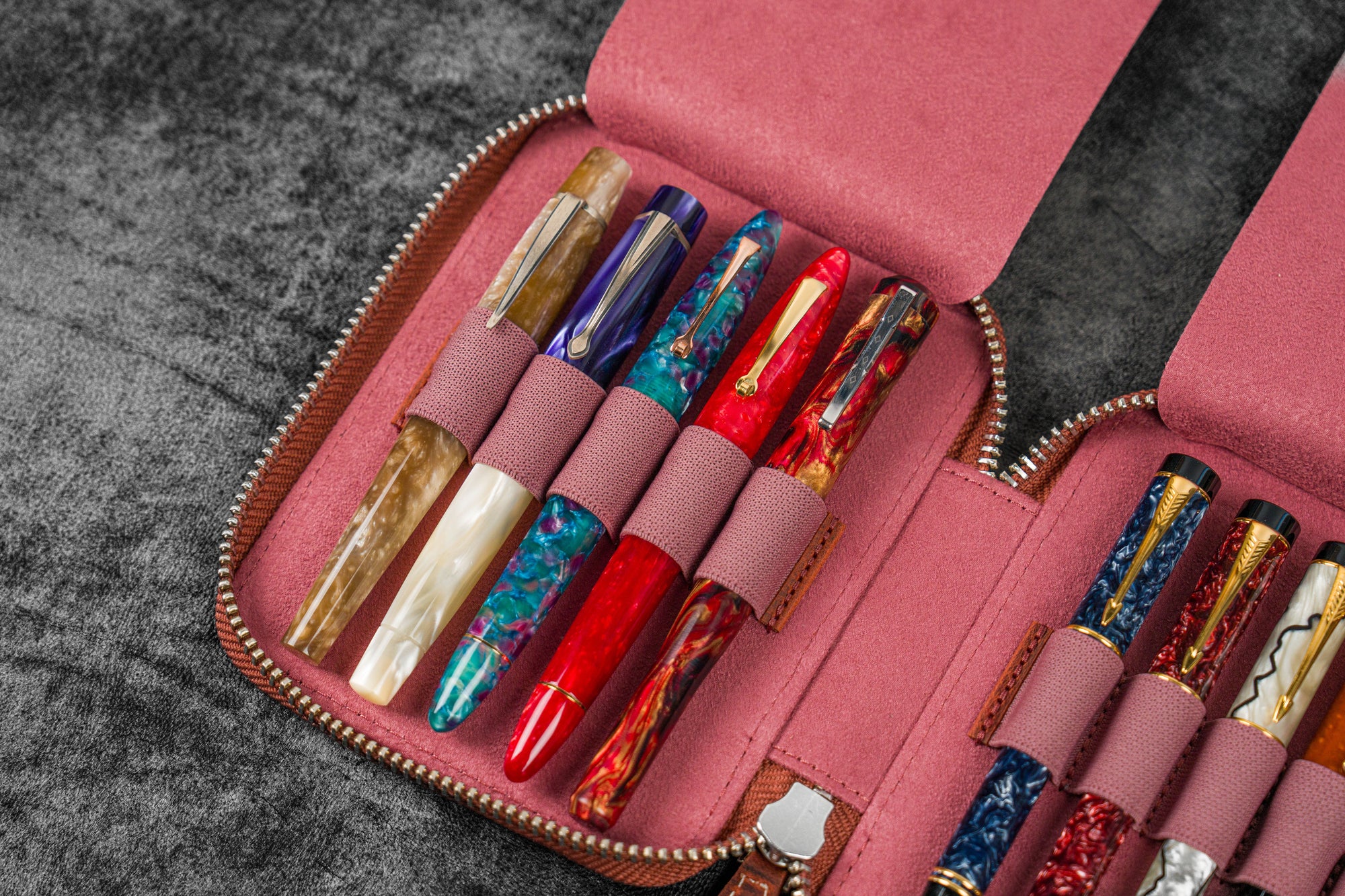 Leather Zippered 10 Slots Pen Case - Crazy Horse Brown - Galen Leather