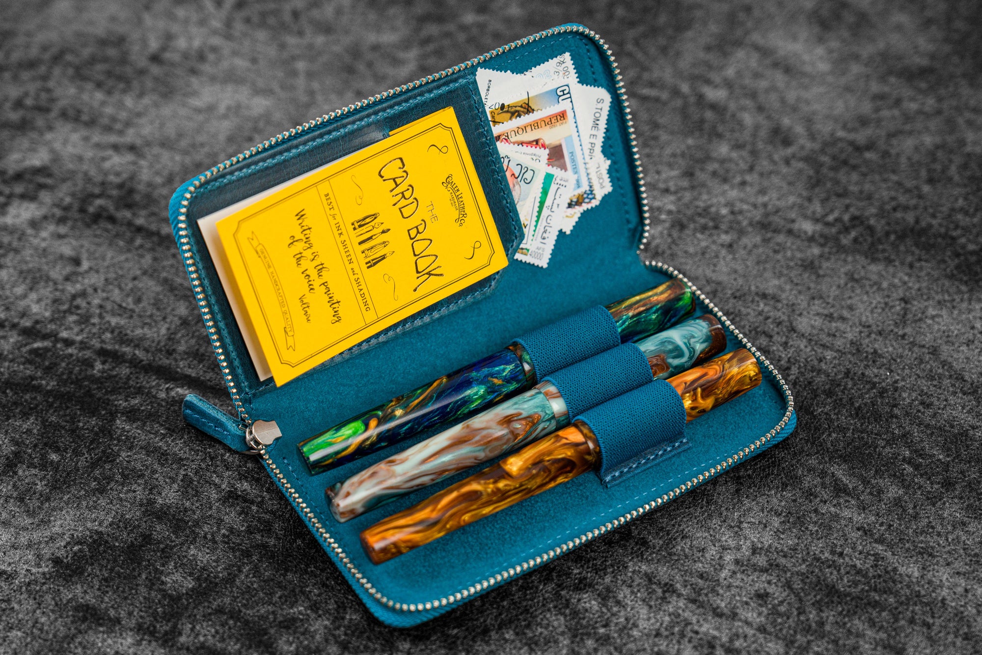 Ocean Blue - Leather Zippered 3 Slots Pen Case | Galen Leather