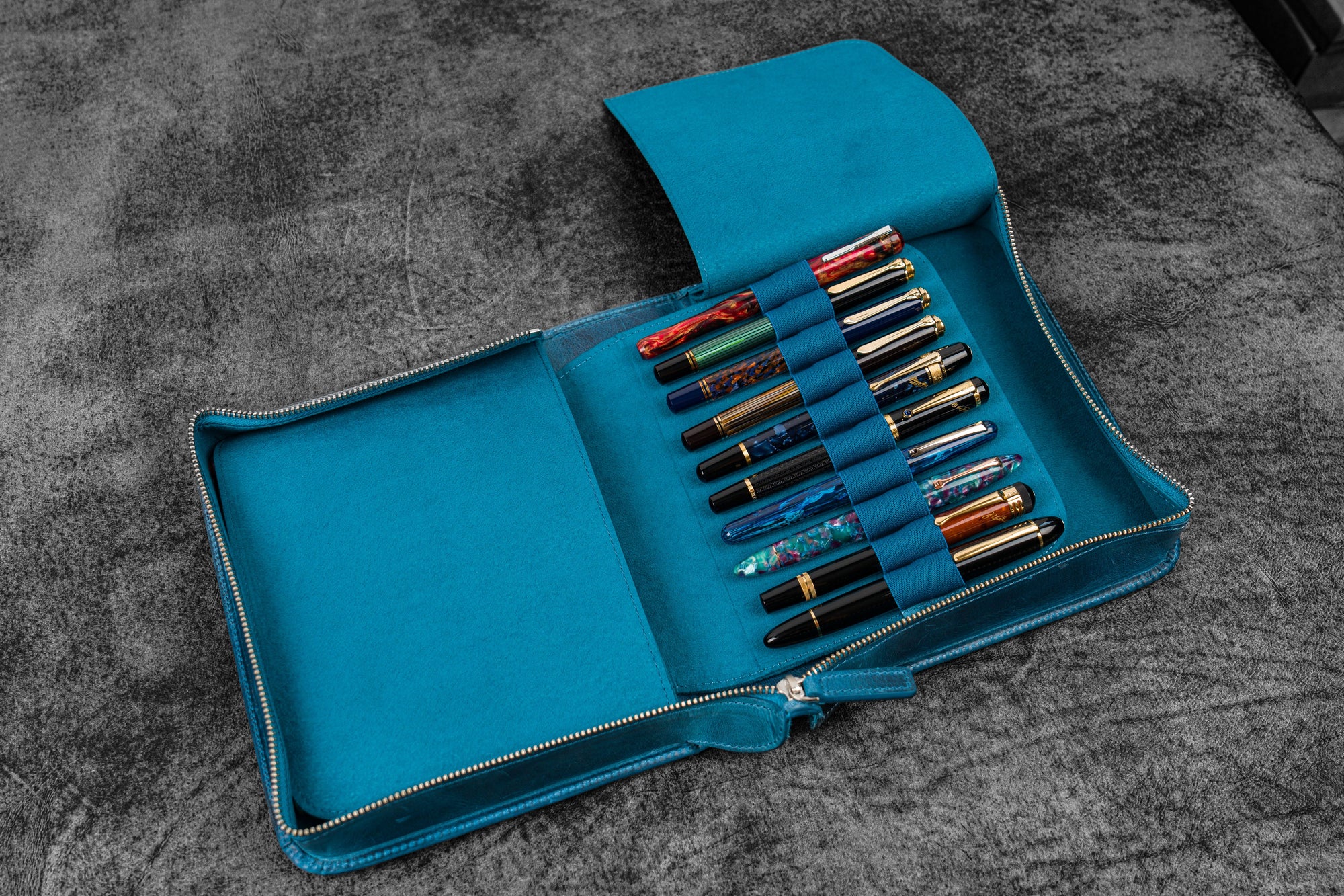 Blue Leather 40 Pens Zip Pen Case for Pen Collectors | Galen Leather