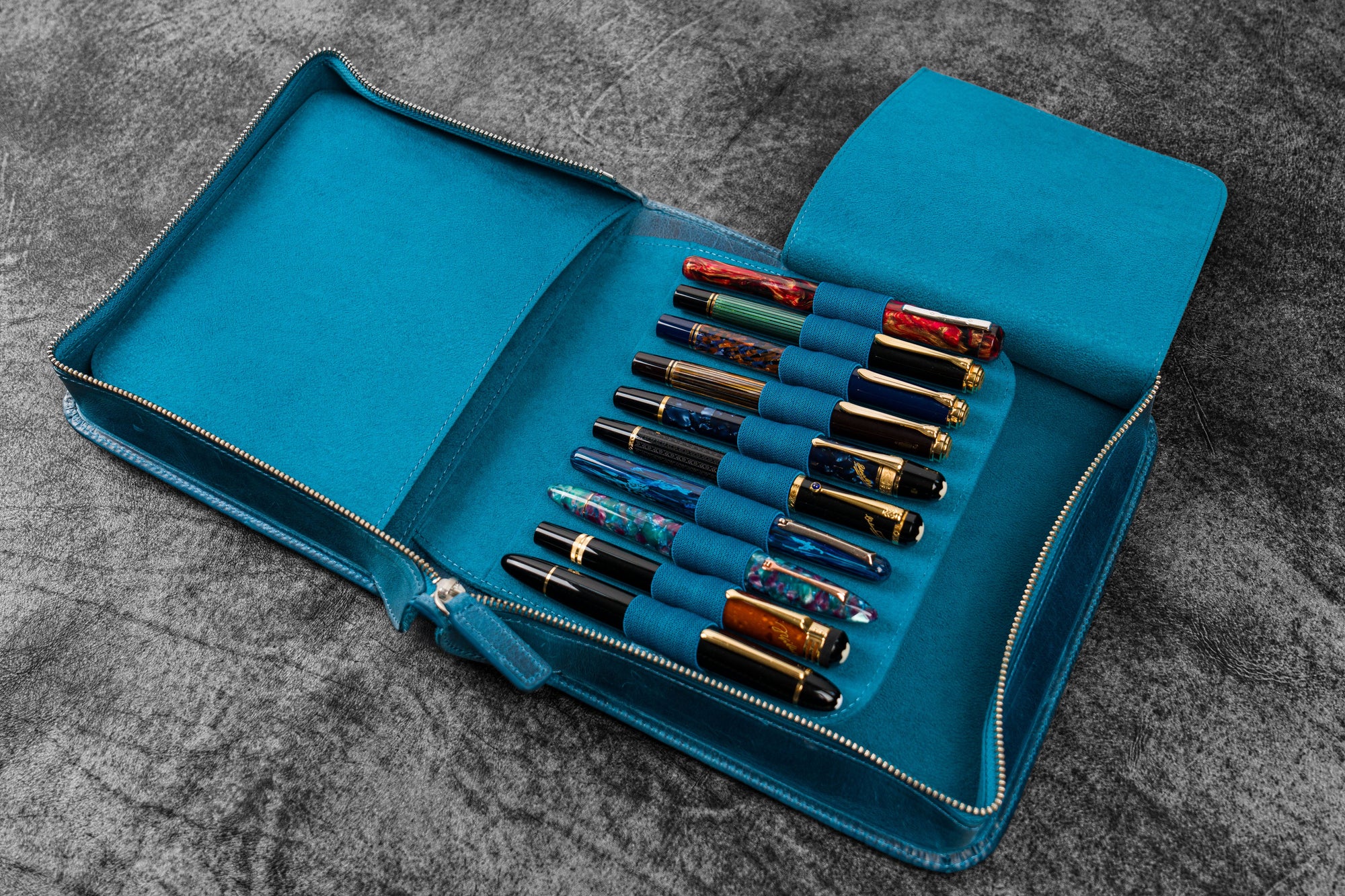 Blue Leather 40 Pens Zip Pen Case for Pen Collectors | Galen Leather