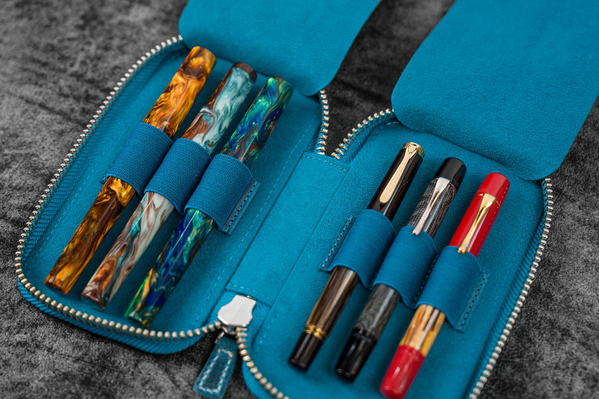 Leather Zip 6 Slots Pen Case - Ocean Blue | Galen Leather