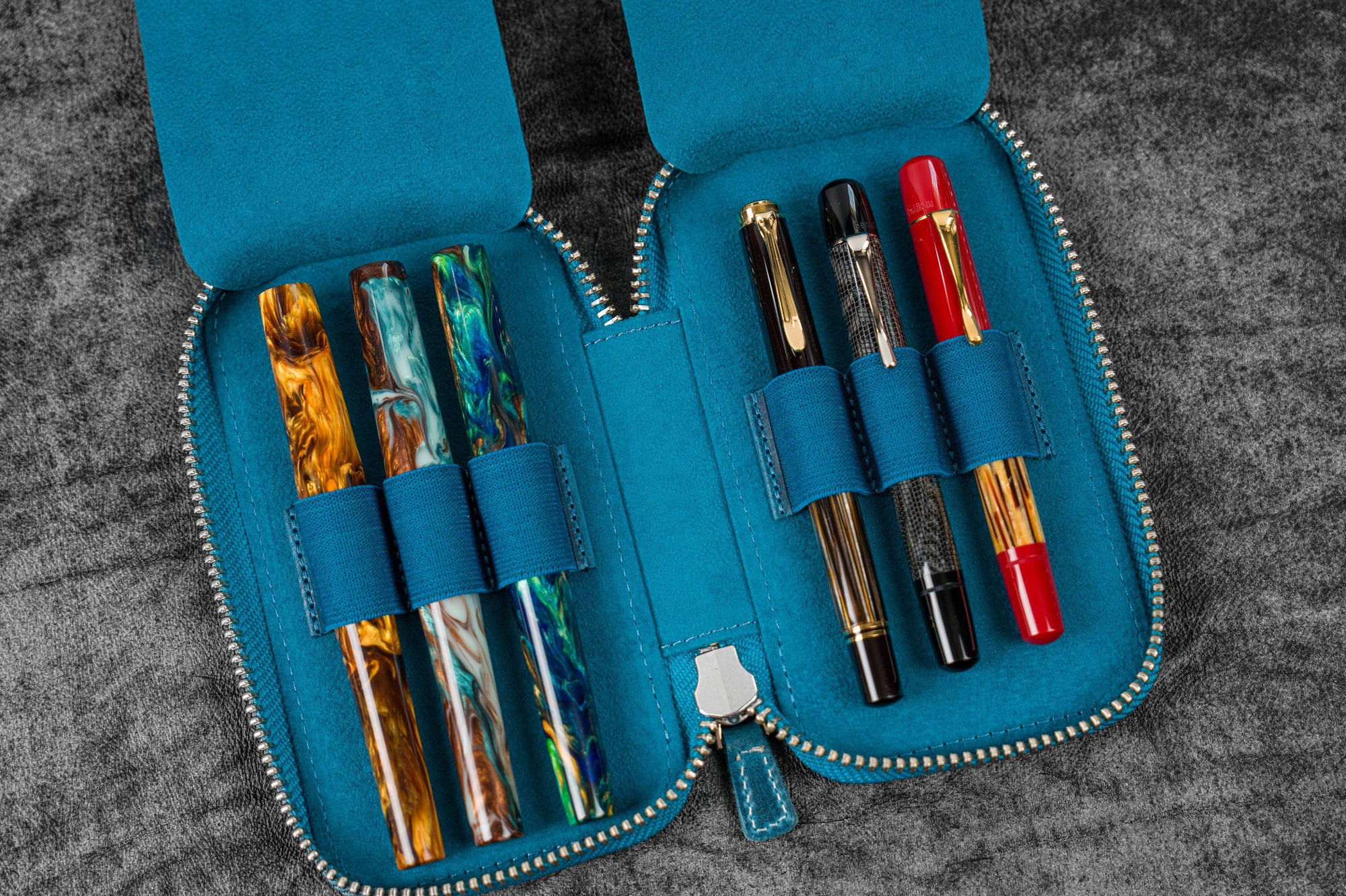 Leather Zip 6 Slots Pen Case - Ocean Blue | Galen Leather