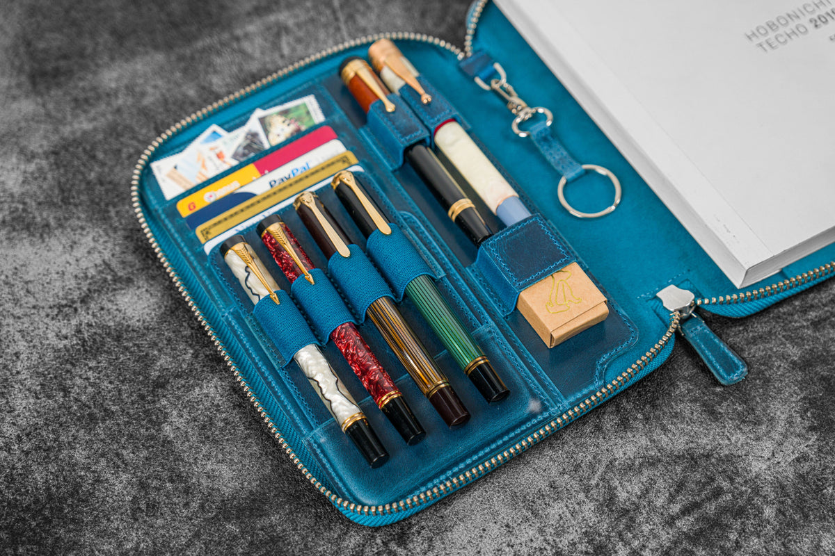 A5 Ocean Blue Leather Zip Folio - Galen Leather