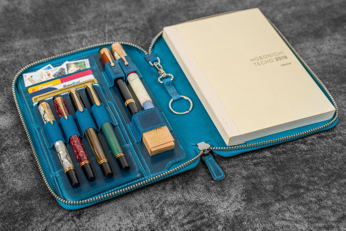 A5 Ocean Blue Leather Zip Folio - Galen Leather