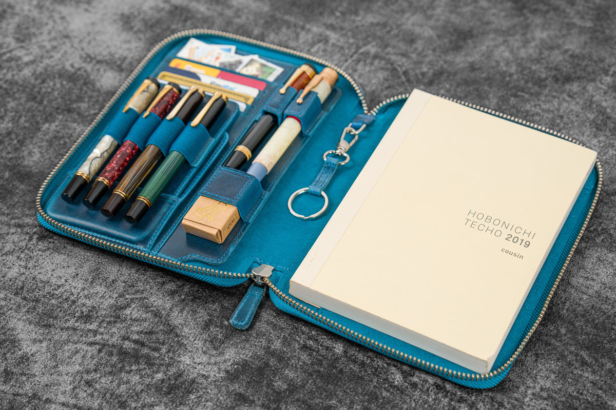 A5 Ocean Blue Leather Zip Folio - Galen Leather