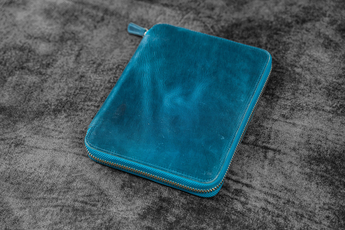 A5 Ocean Blue Leather Zip Folio - Galen Leather