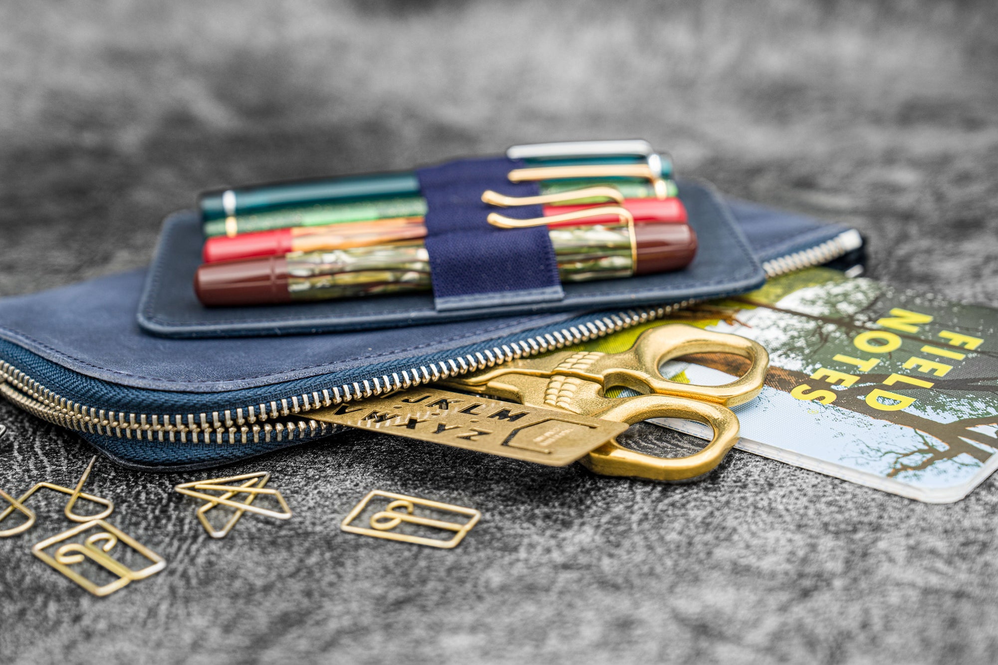 Leather Slip-N-Zip 4 Slots Zippered Pen Pouch - Crazy Horse Navy Blue ...