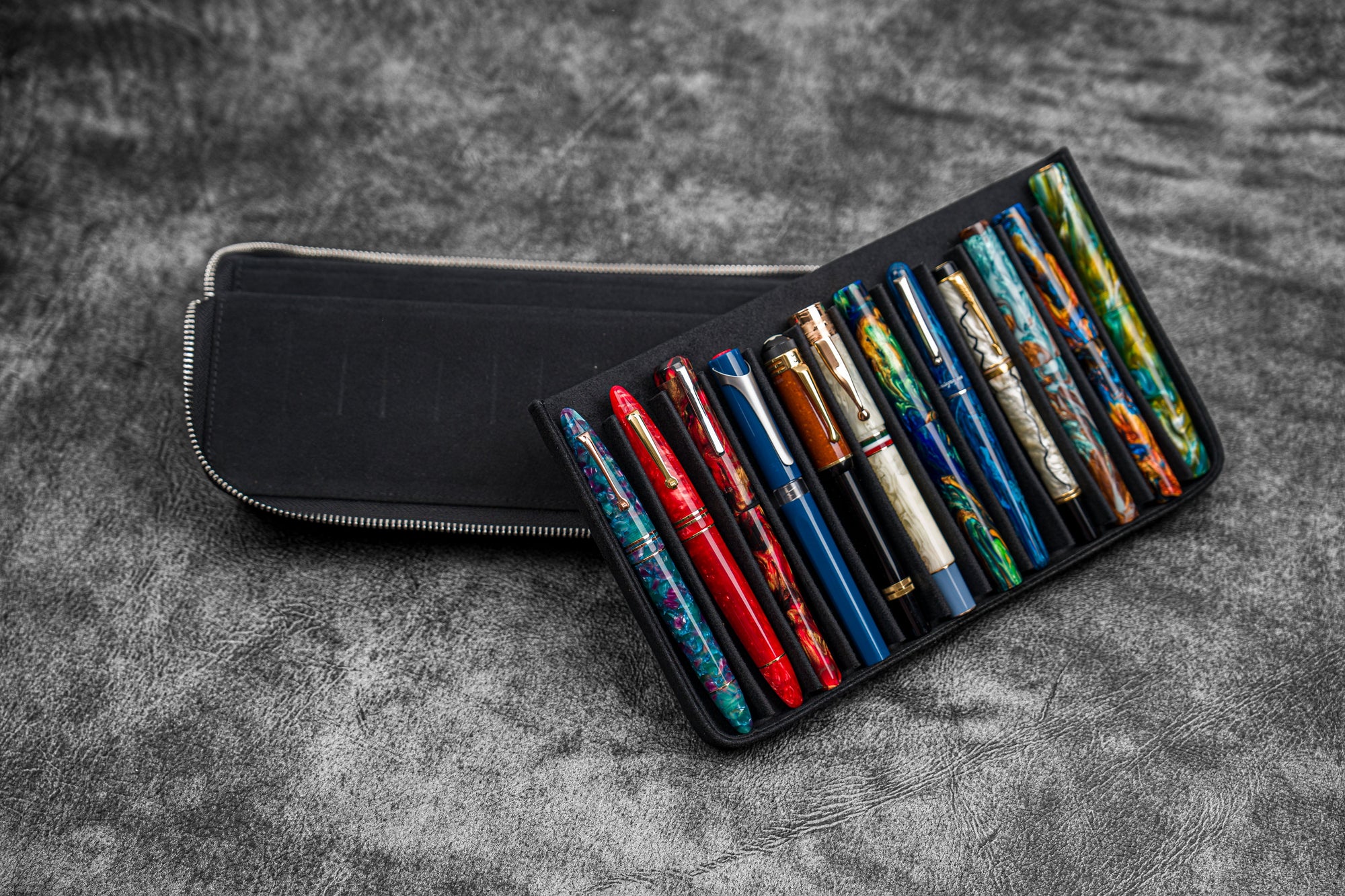 Leather Zippered Magnum Opus 12 Slots Hard Pen Case with Removable Pen ...