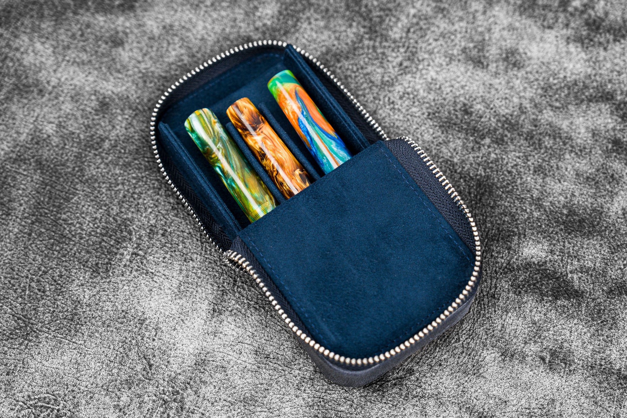 Leather Zippered Magnum Opus 3 Slots Hard Pen Case with Removable Pen ...