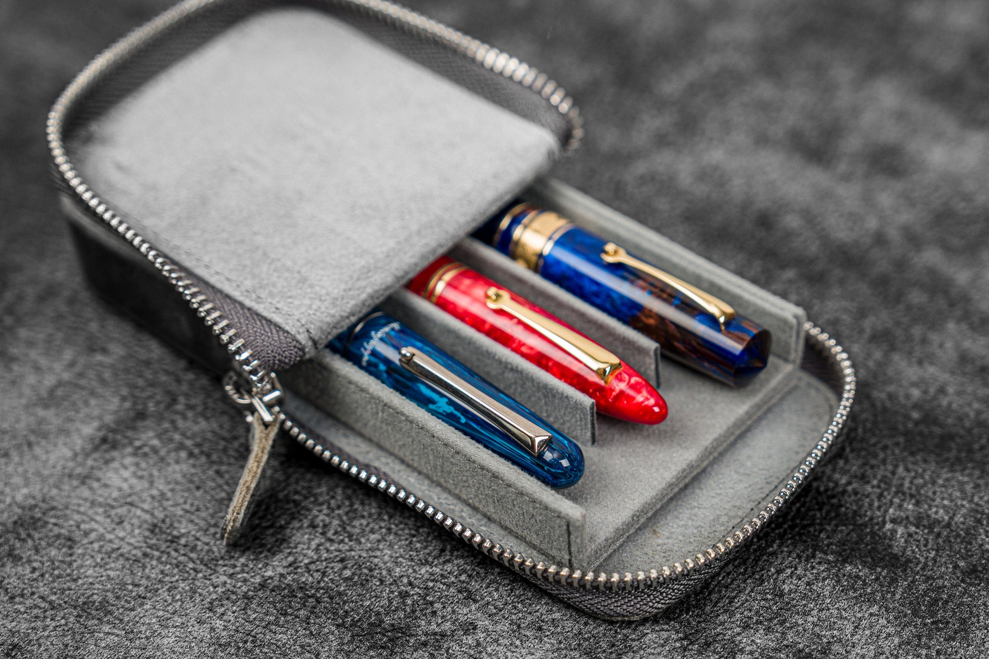 Leather Zippered Magnum Opus 3 Slots Hard Pen Case with Removable Pen ...