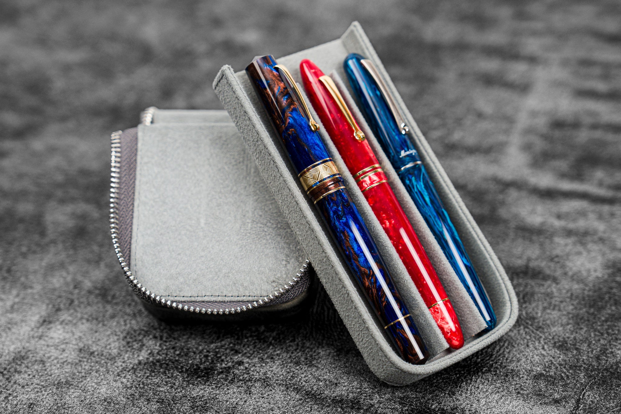 Leather Zippered Magnum Opus 3 Slots Hard Pen Case with Removable Pen ...
