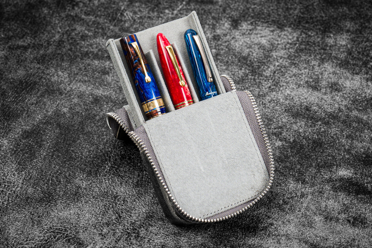 Leather Zippered Magnum Opus 3 Slots Hard Pen Case with Removable Pen ...