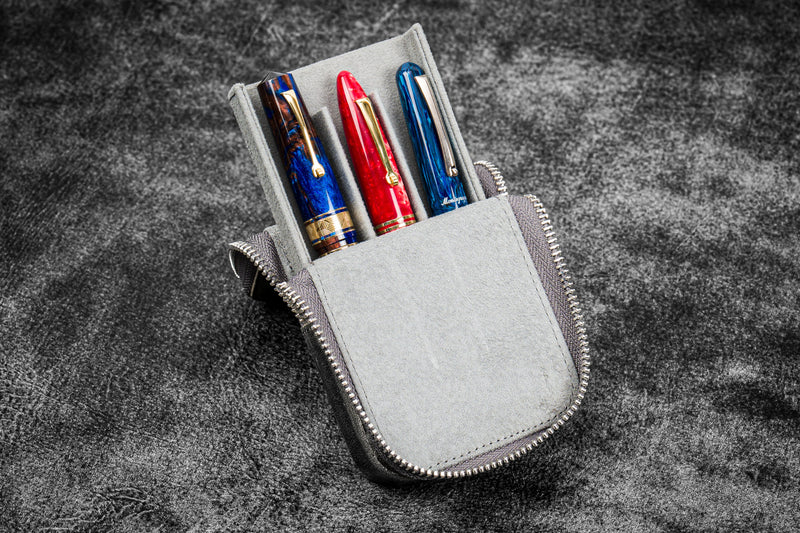 Leather Zippered Magnum Opus 3 Slots Hard Pen Case with Removable Pen ...
