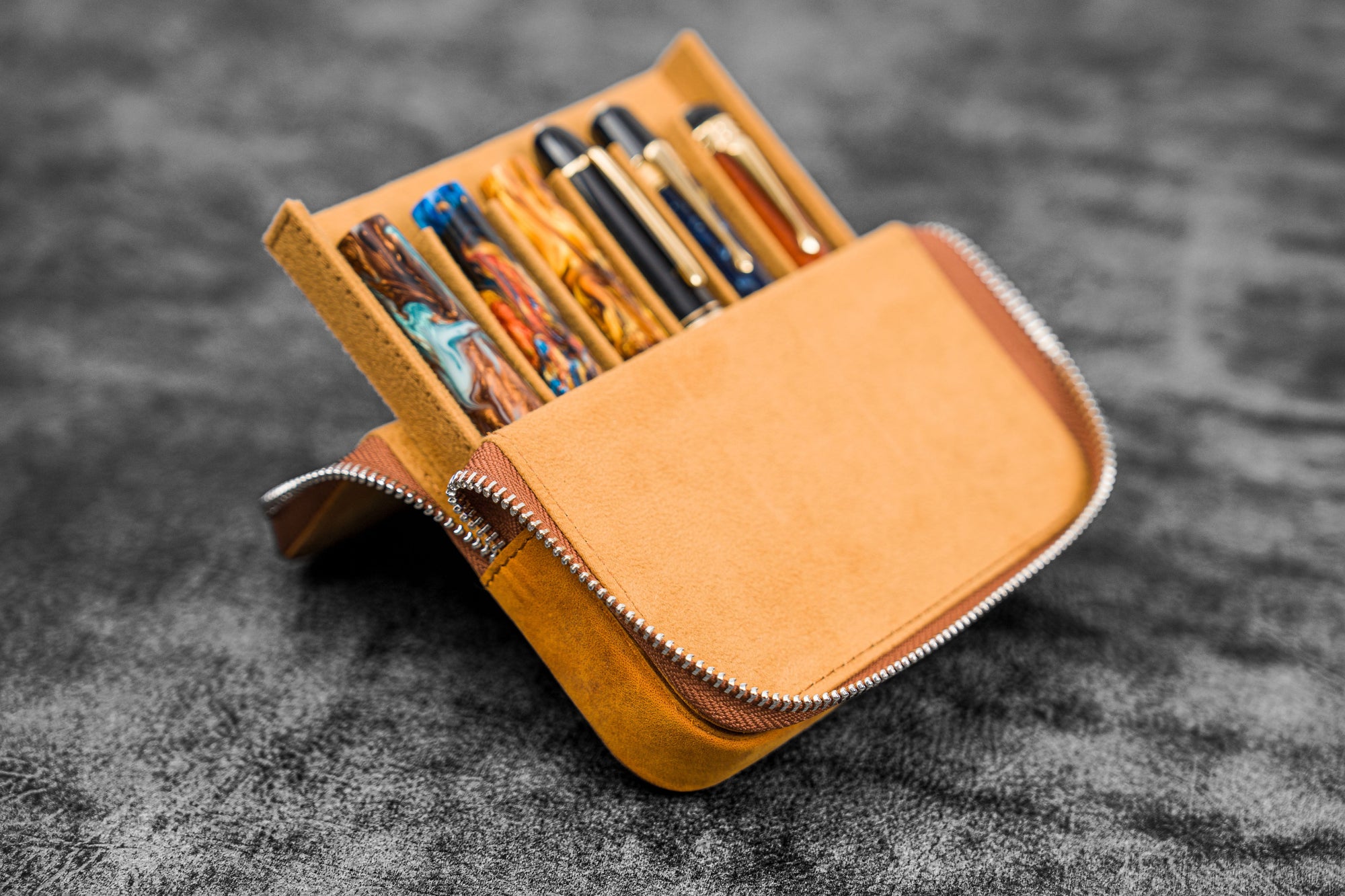 Leather Zippered Magnum Opus 6 Slots Hard Pen Case with Removable Pen ...