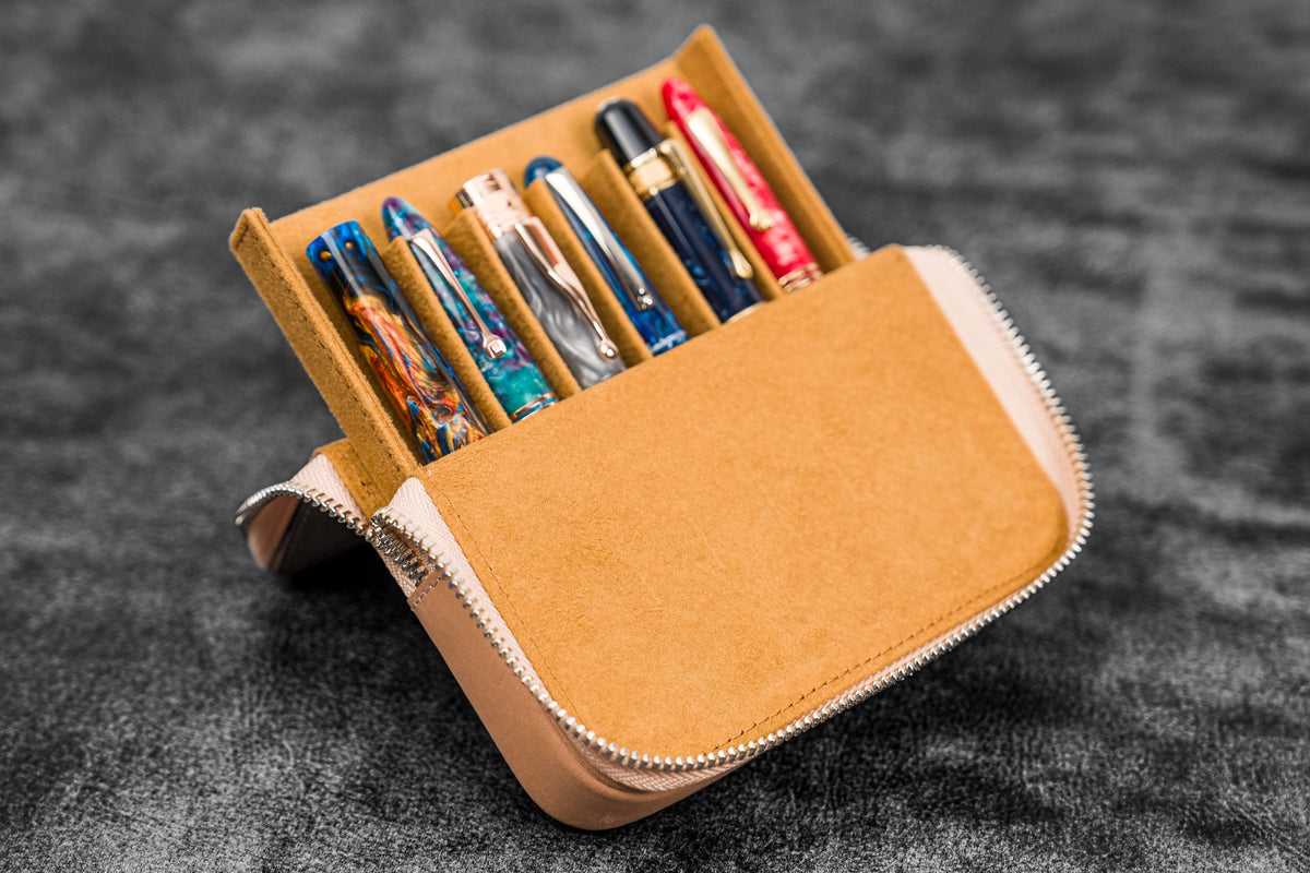 Leather Zippered Magnum Opus 6 Slots Hard Pen Case with Removable Pen ...