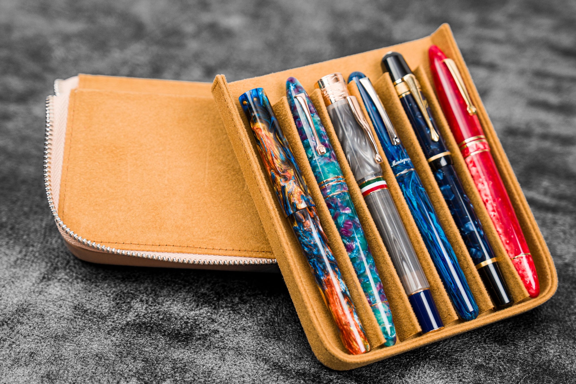 Leather Zippered Magnum Opus 6 Slots Hard Pen Case with Removable Pen ...