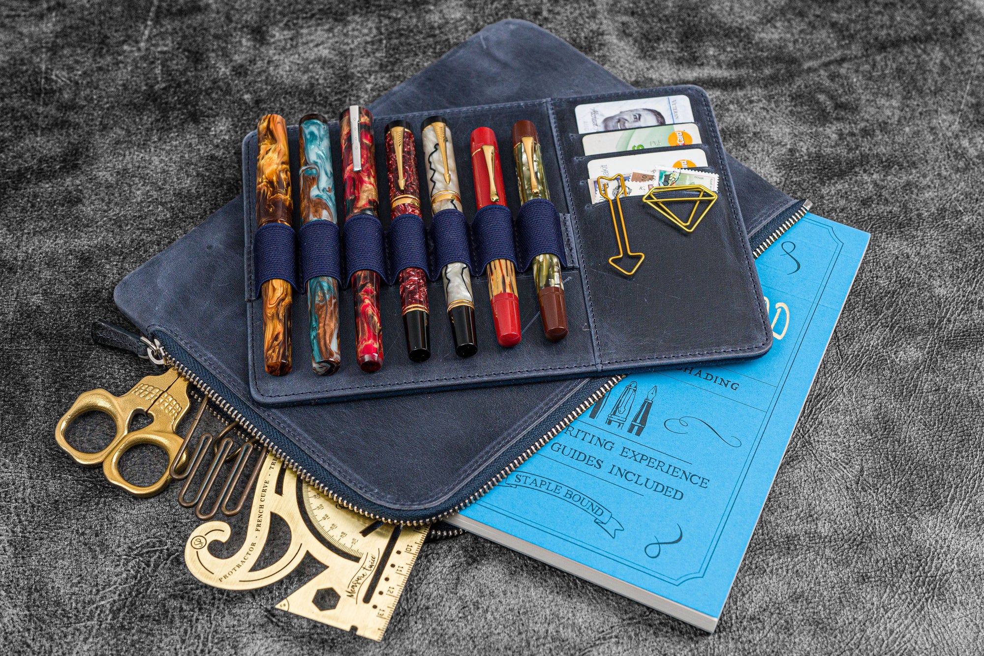 Leather Zippered Writer's Bank Bag - Pen Pouch - Crazy Horse Navy Blue ...