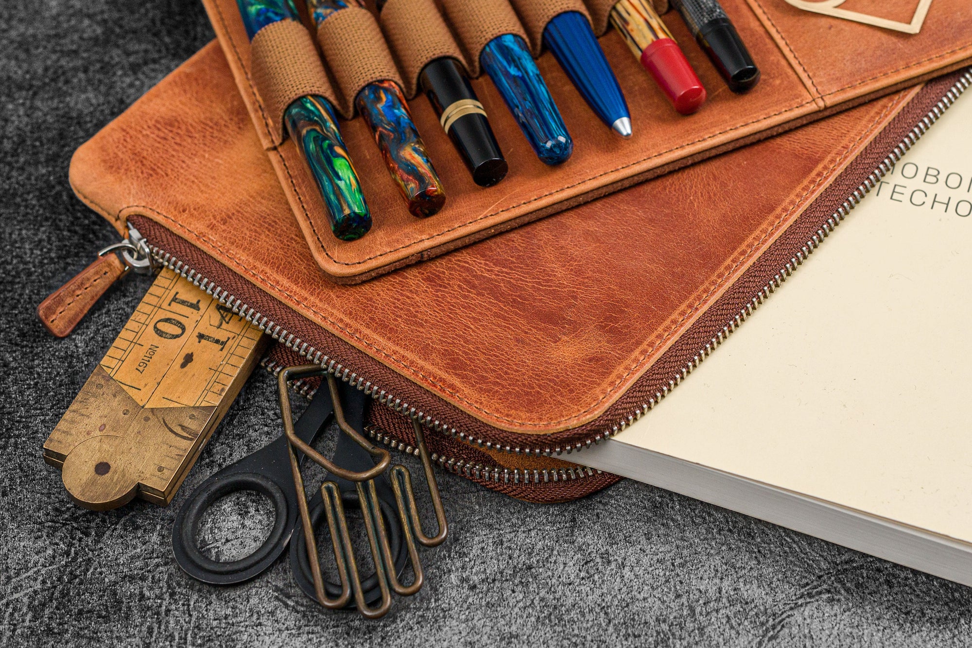 Leather Zippered Writer's Bank Bag - Pen Pouch - Crazy Horse Tan ...