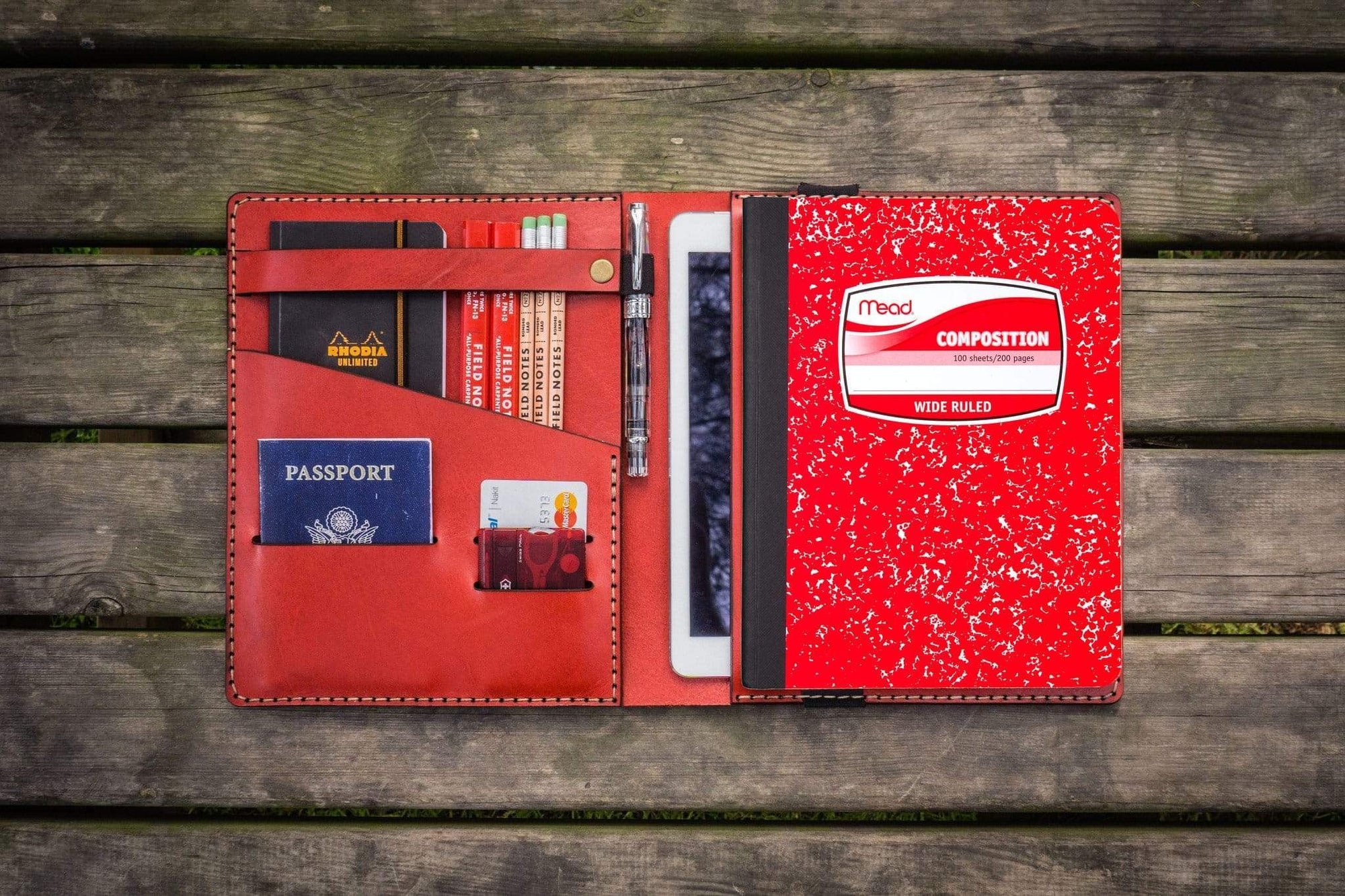 Composition Notebook Cover With iPad Pocket - Red - Galen Leather