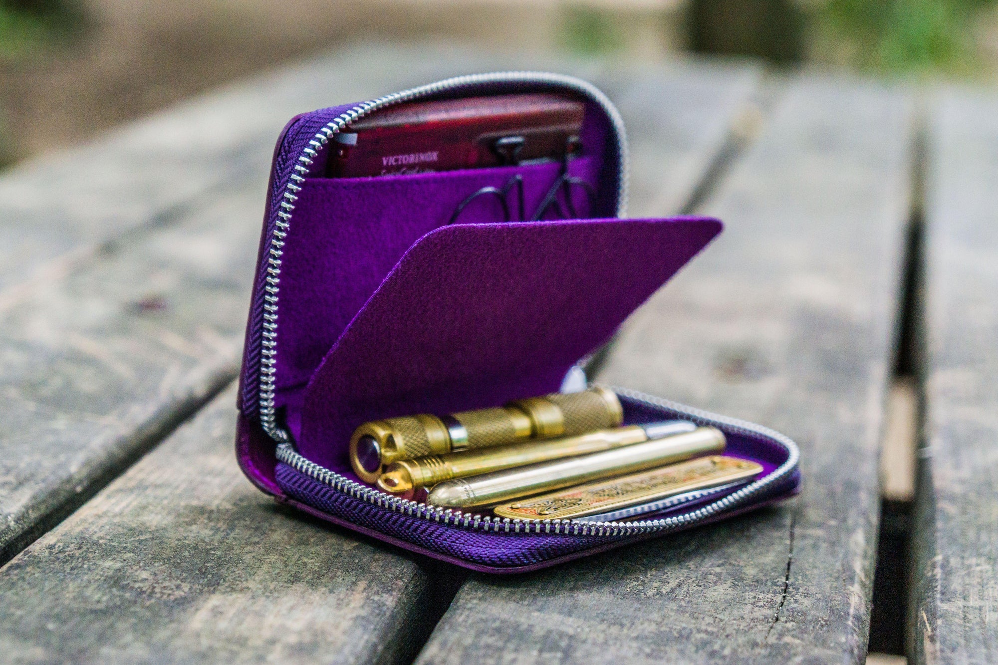 Purple Zipped EDC Wallet | Handmade Veg-Tan Leather Wallet with Pen ...