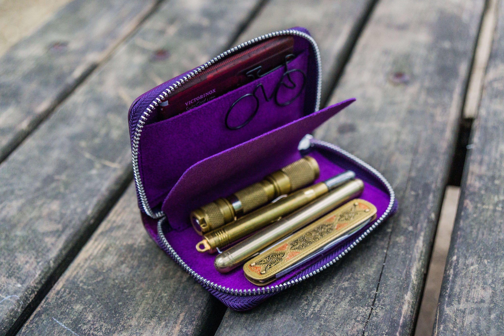 Purple Zipped EDC Wallet | Handmade Veg-Tan Leather Wallet with Pen ...