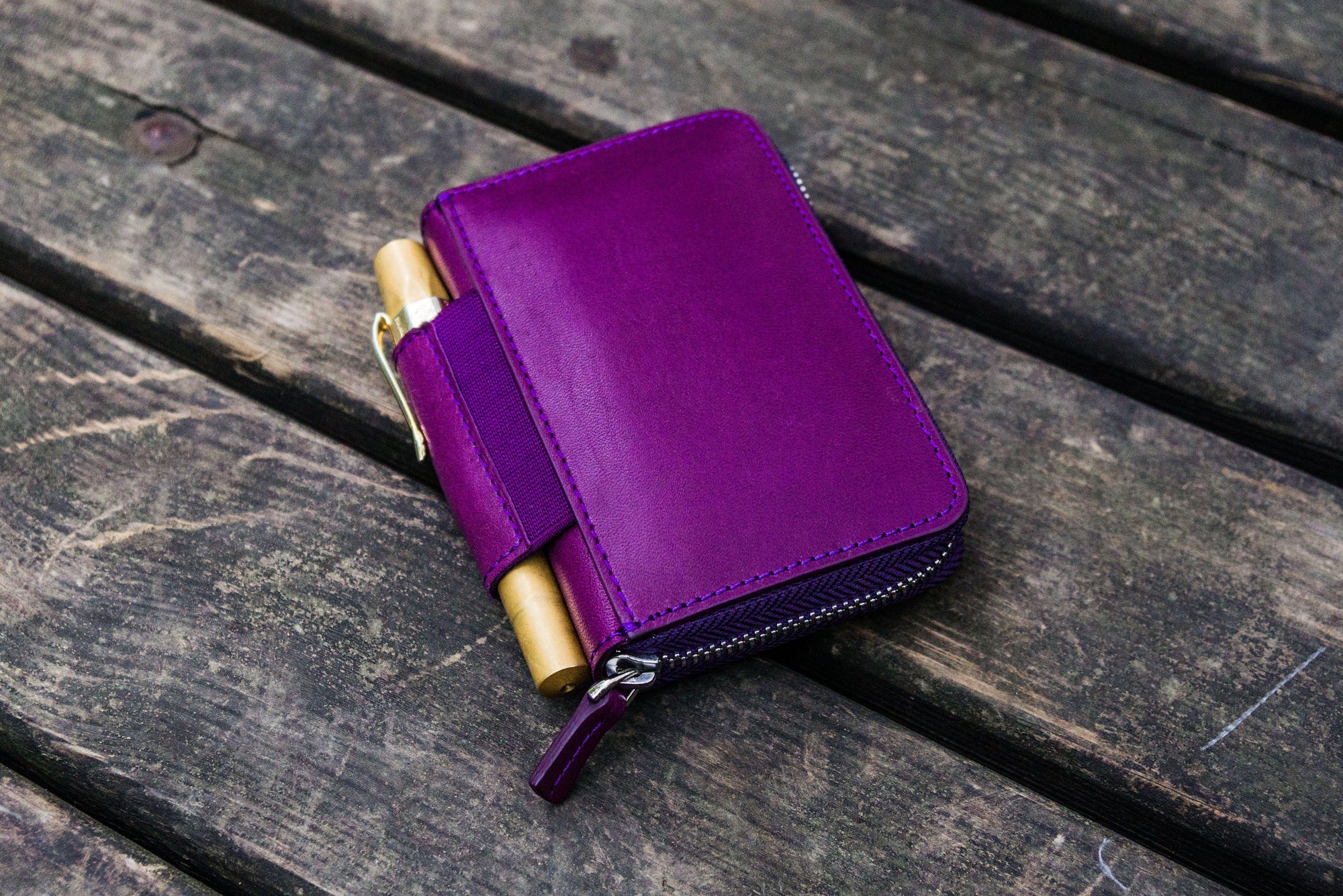 Purple Zipped EDC Wallet | Handmade Veg-Tan Leather Wallet with Pen ...