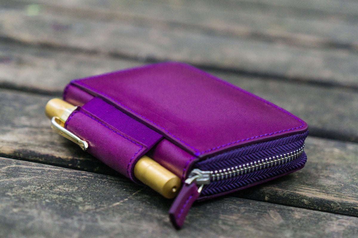 Purple Zipped EDC Wallet | Handmade Veg-Tan Leather Wallet with Pen ...