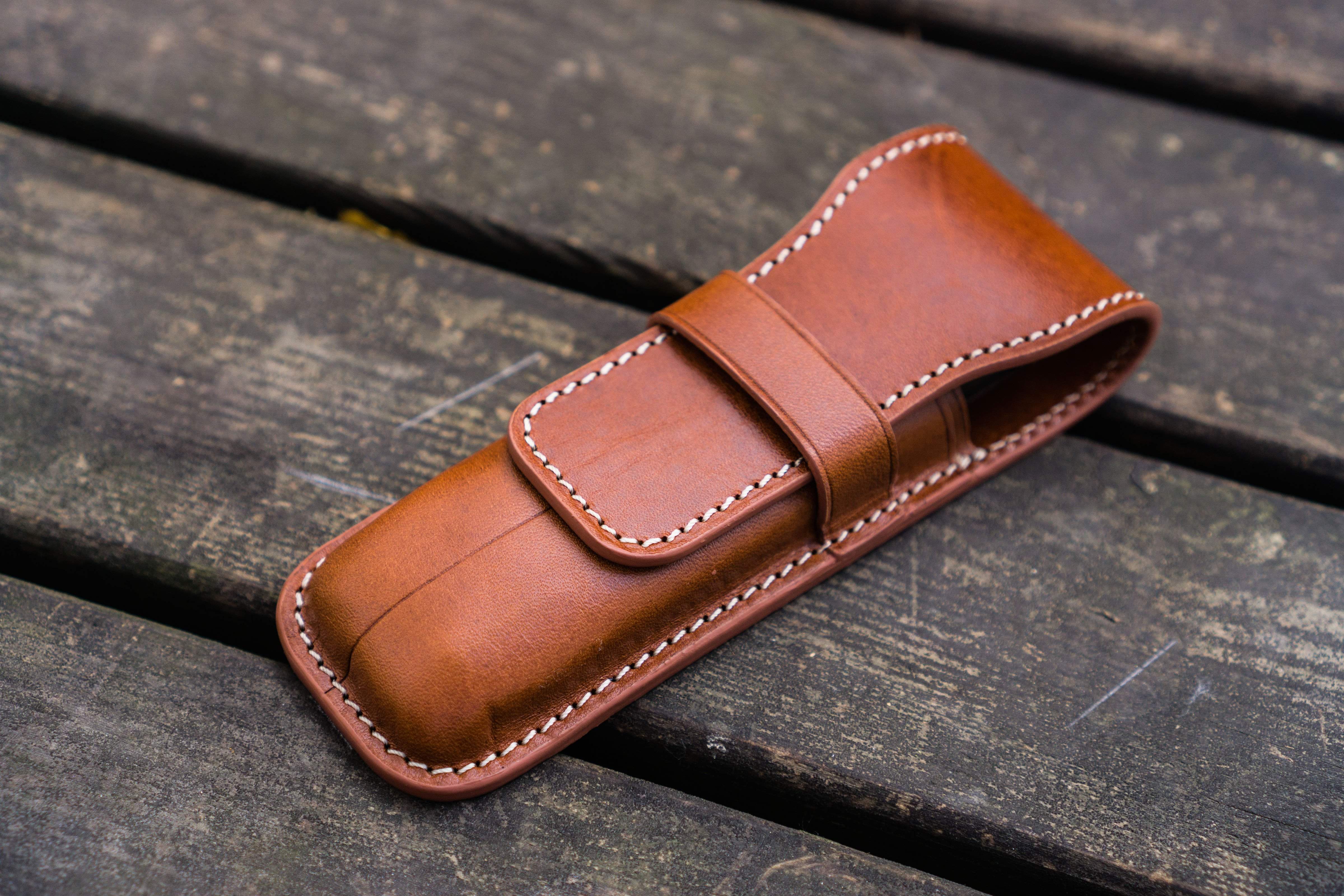 Handmade Leather Flap Pen Case for Two Pens - Brown - Galen Leather