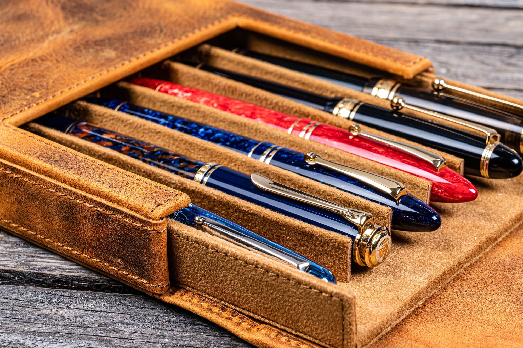 Leather Magnum Opus 6 Slots Hard Pen Case with Removable Pen Tray - Cr ...