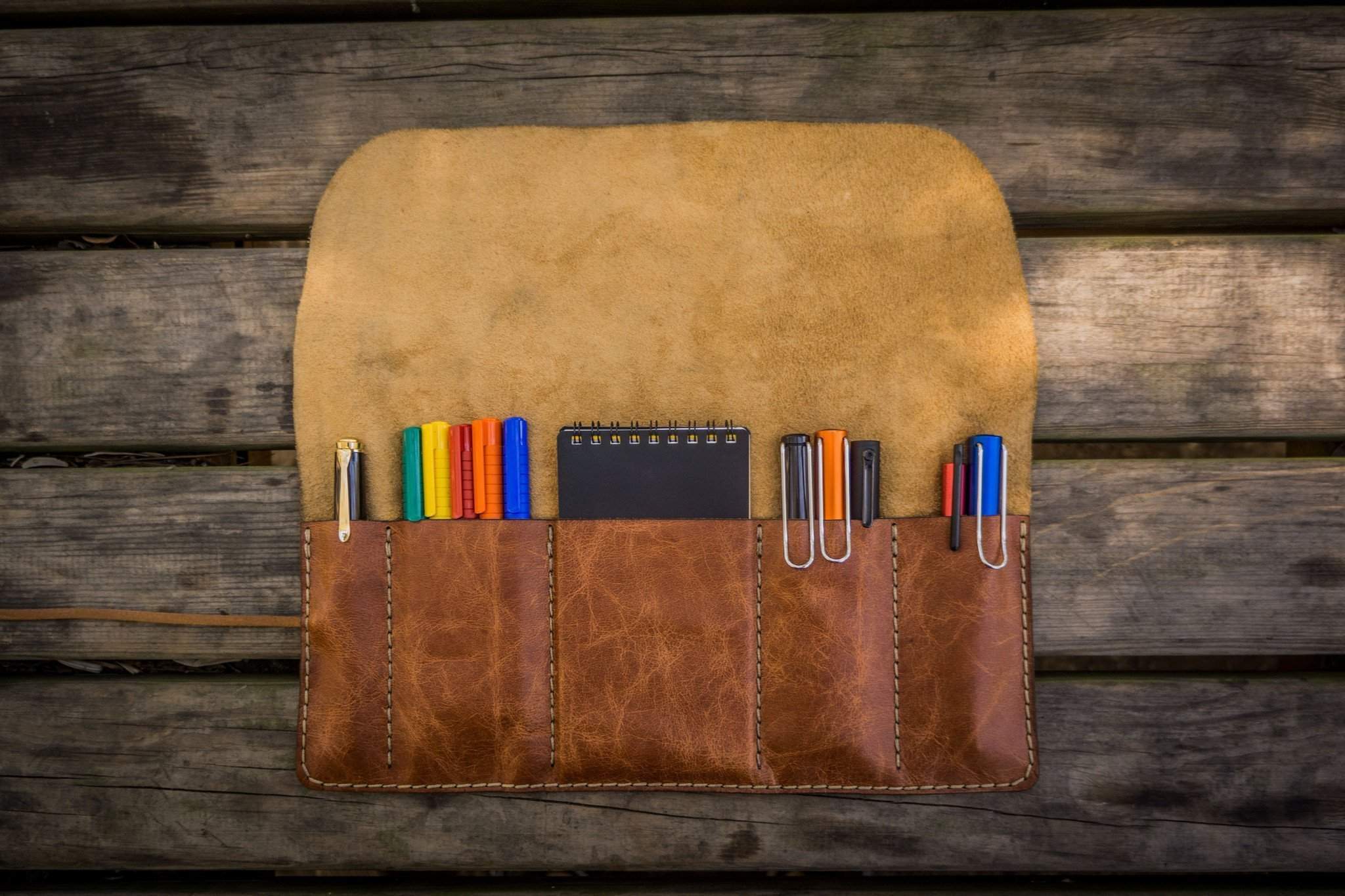 Handmade Leather Pen Roll (Rustic Brown) - Galen Leather