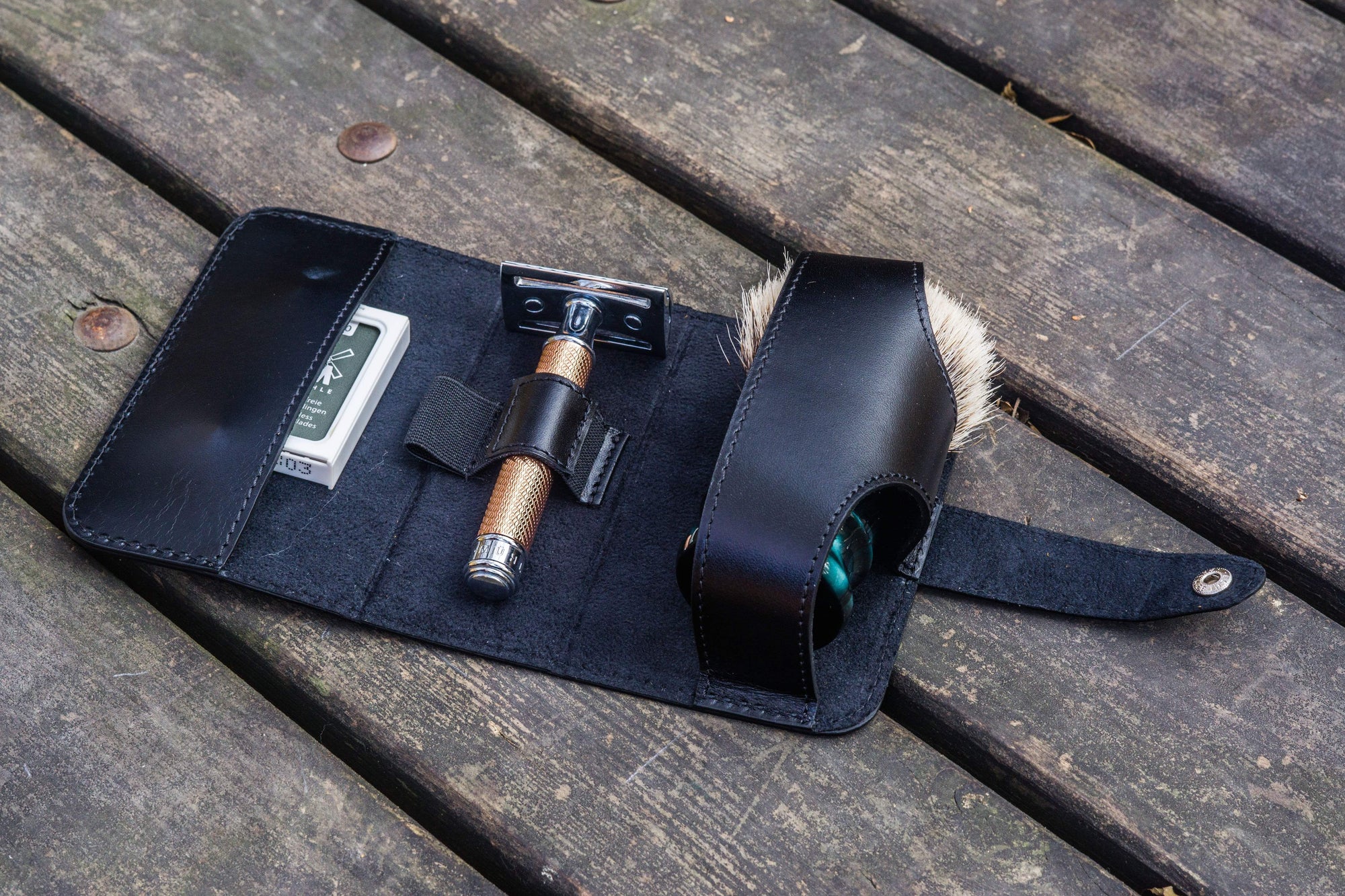 100% Handmade Leather Shaving Travel Kit - Black - Galen Leather
