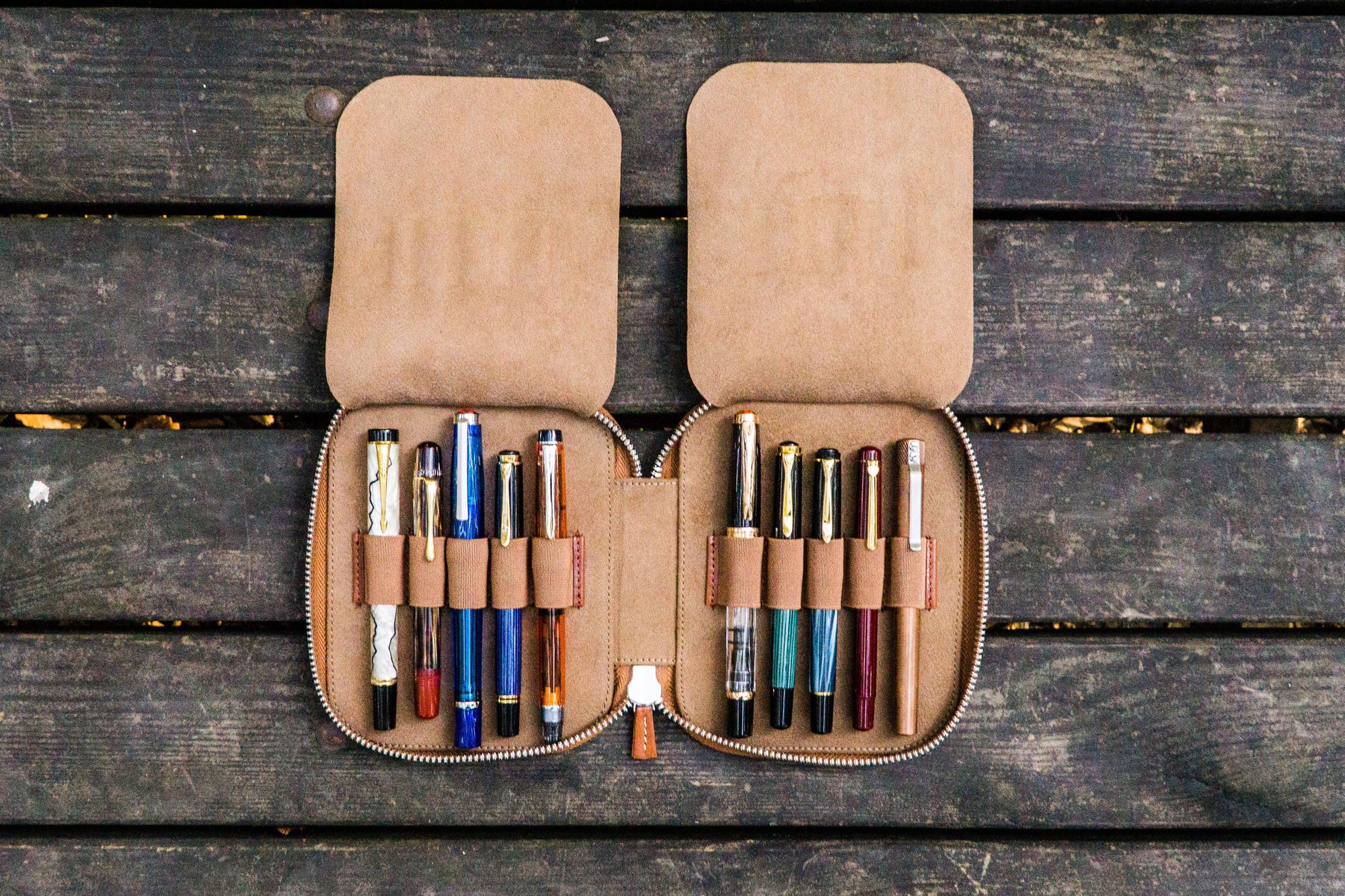 Handmade Leather Zippered 10 Slots Pen Case - Brown - Galen Leather
