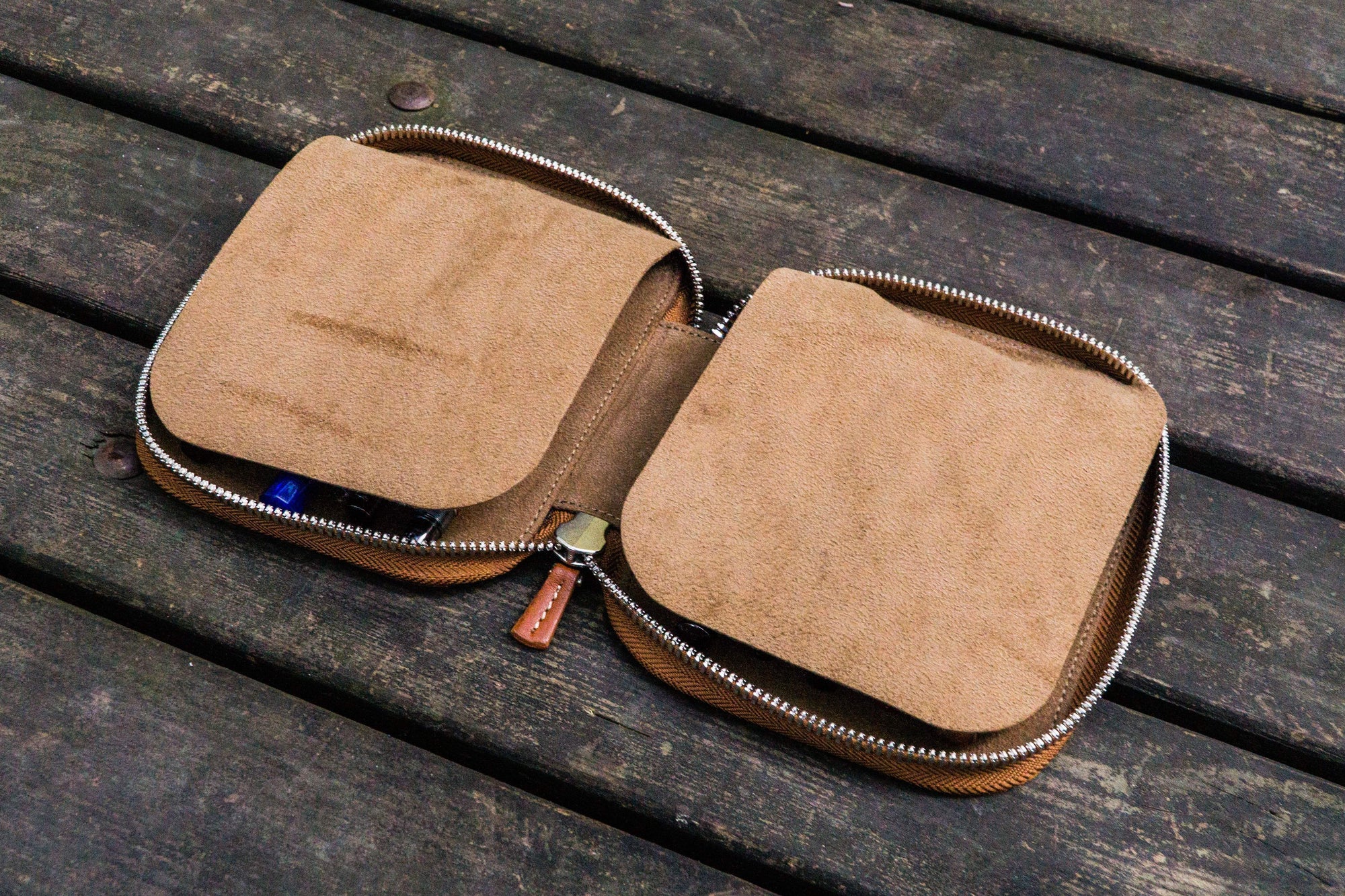 Handmade Leather Zippered 10 Slots Pen Case - Brown - Galen Leather