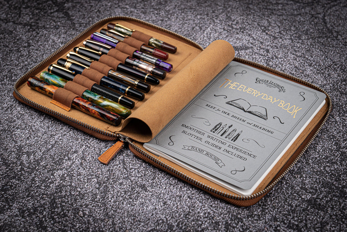 Leather Zip 10 Slots Pen Case w/ A5 Notebook Holder - Galen Leather