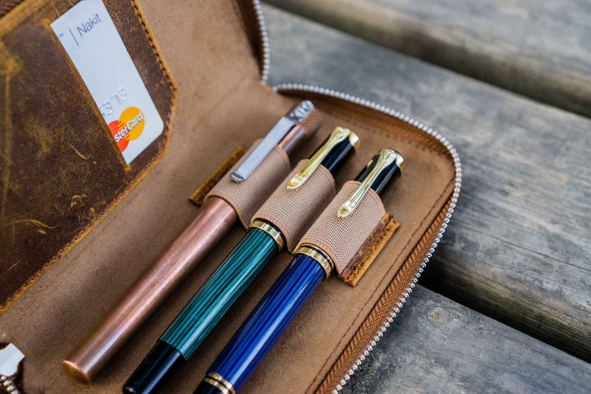 Leather Zippered 3 Slots Pen Case - Crazy Horse Brown - Galen Leather