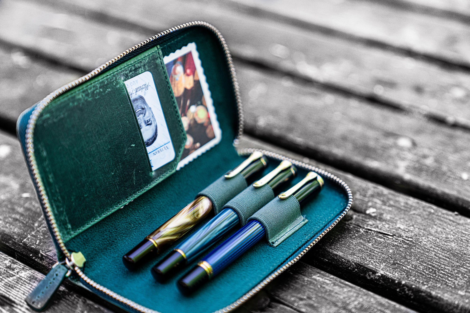 Handmade Leather Zippered 3 Slots Pen Case - Black - Galen Leather