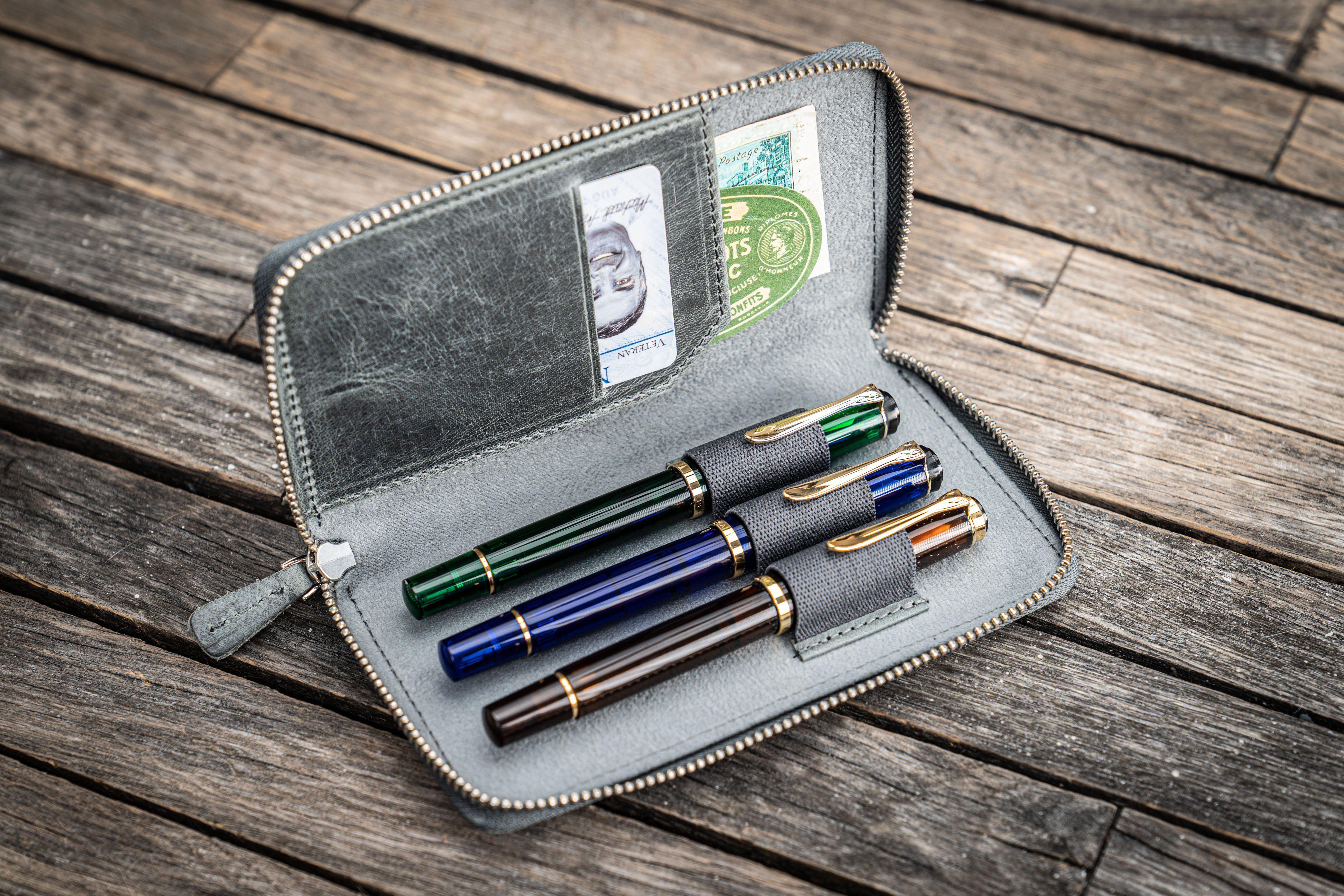 Handmade Leather Zippered 3 Slot Pen Case - Smoky Grey | Galen Leather