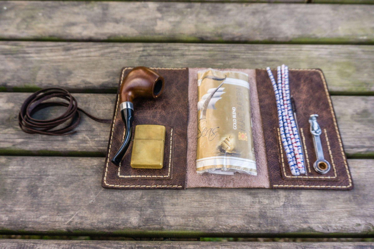 Personalized Leather Pipe Pouch -Rustic Dark Brown - Galen Leather