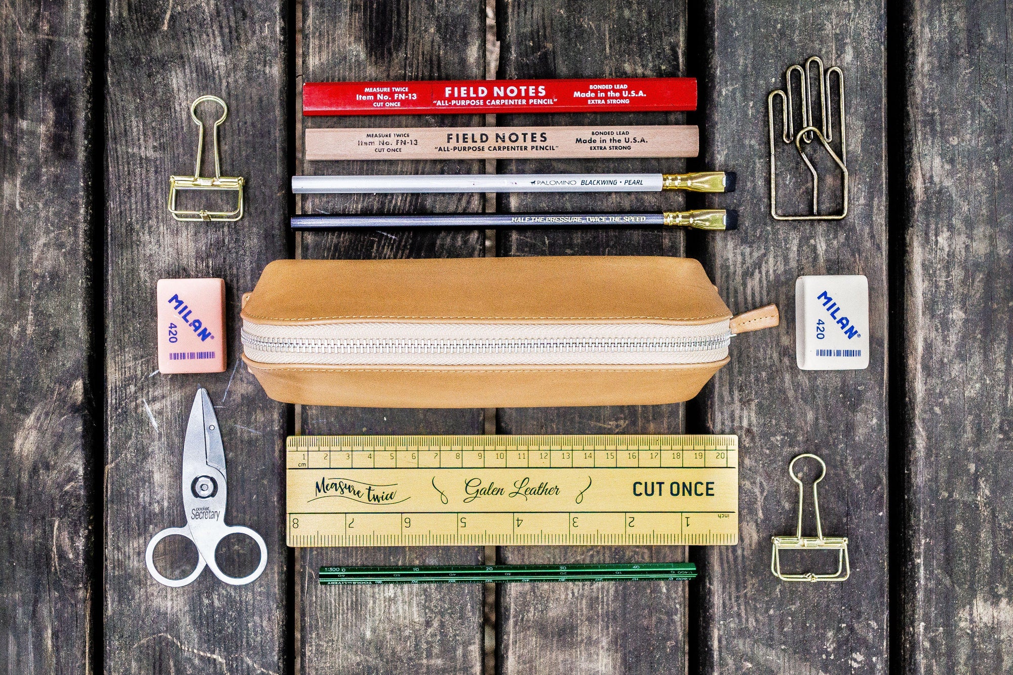 XLarge Zippered Leather Pencil Case - Natural - Galen Leather